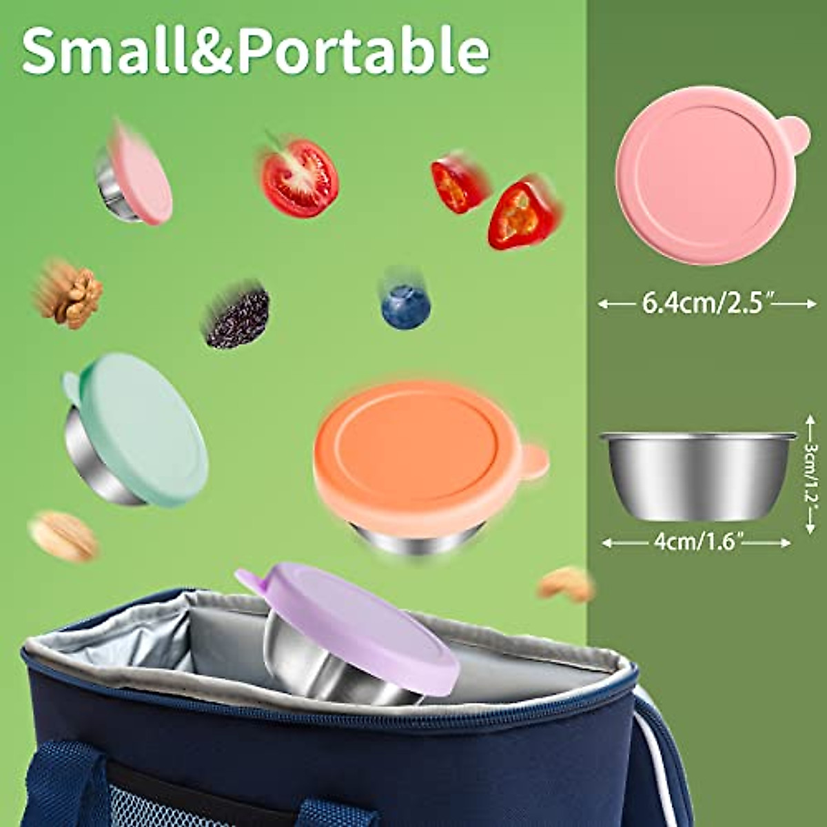 AKONEGE Salad Dressing Container To Go, 4x1.6oz Small Condiment Containers with Lids, 18/8 Stainless Steel for Lunch Bento Box, Premium Silicone, Leakproof, Reusable Sauce Cups