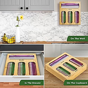 Ziplock Bag Organizer - Pantry Storage Bag Organizer for Kitchen Drawer, Natural Bamboo Organizer Compatible with Ziploc, Solimo, Glad, Hefty for Gallon, Quart, Sandwich, and Snack Variety Size Bag