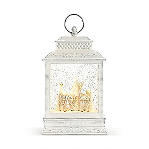 DEMDACO Cozy White Deer 11 x 6.5 Resin Musical Snow Globe Lantern Plays Christmas Music