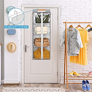 Clear Hanging Handbag Storage Organizer with Zippers, KMOTASUO Easy Access Purse Storage Holder Over the Door Purse Organizer Space Saving 4 Pockets for Closet Bedroom Living Room (XL-Grey)