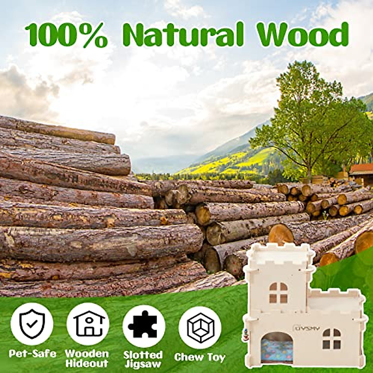 OYSMY 2-Storey Castle Chinchilla Hideout, Wooden Chinchilla House with Windows Doors, Guinea Pig Hide, Hamster Hut, Small Animal Habitat for Guinea Pig, Hamster, Chinchilla, Squirrel, Gerbil