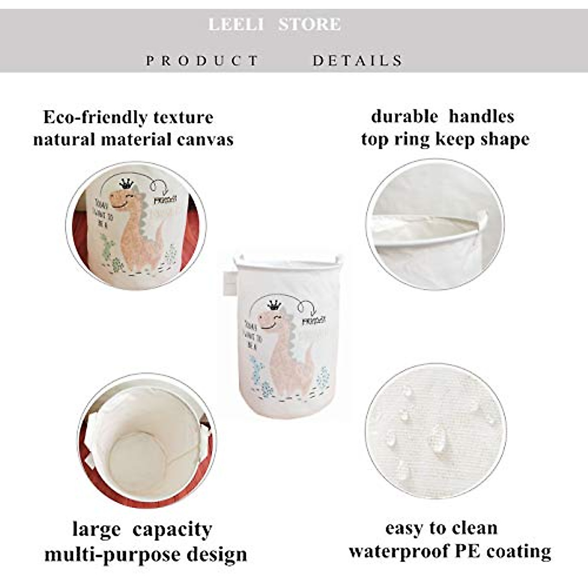 LEELI Laundry Hamper with Handles Collapsible Canvas Laundry Basket,Waterproof Storage Basket Home Organizer for Nursery,Clothes,Toys,Baby Hamper19.7×15.7(pink dinosaur)