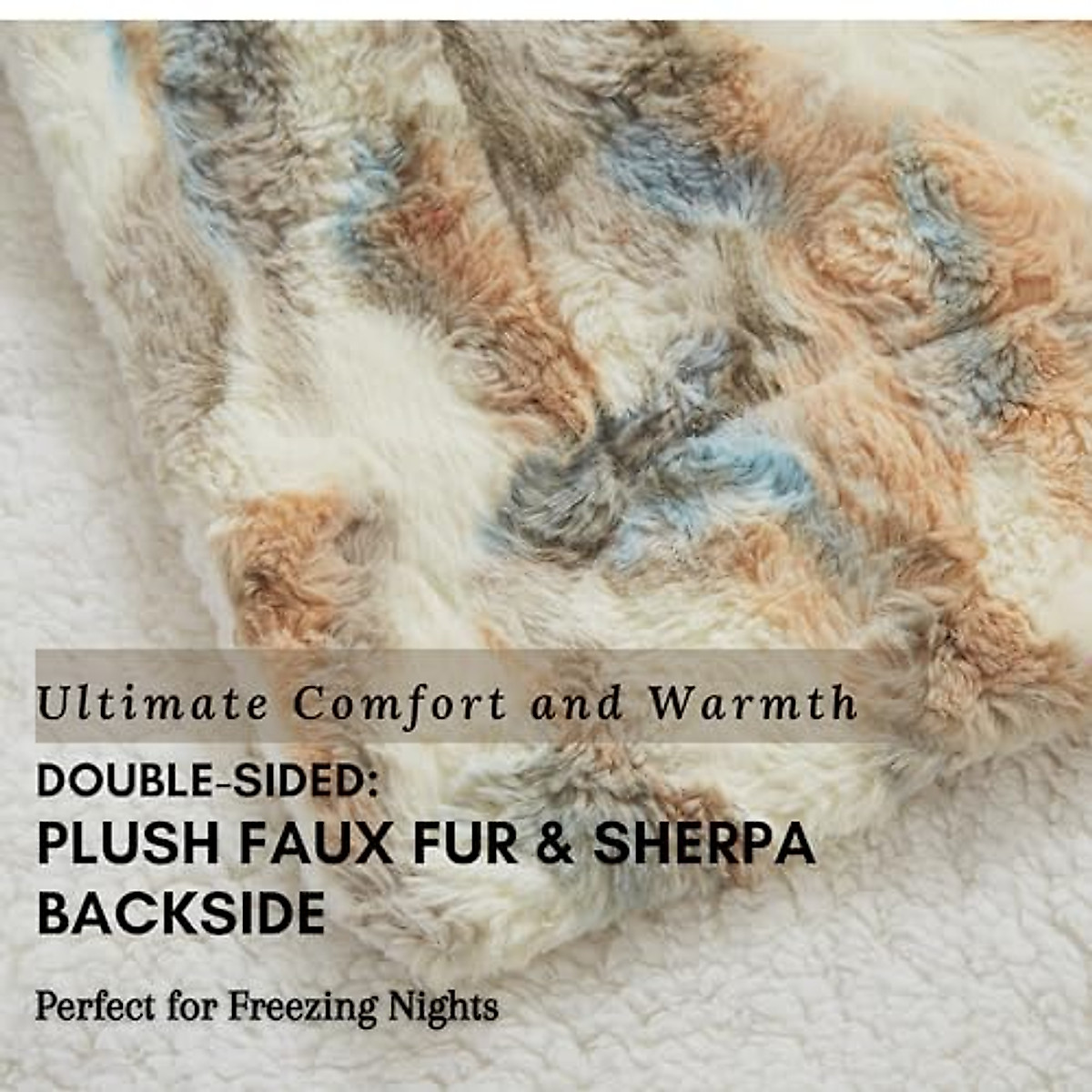 Tache 90x90 Oversized Soft Warm Tan Brown Blue Russian Lynx Faux Fur White Sherpa Bed Blanket, Full, Queen Size