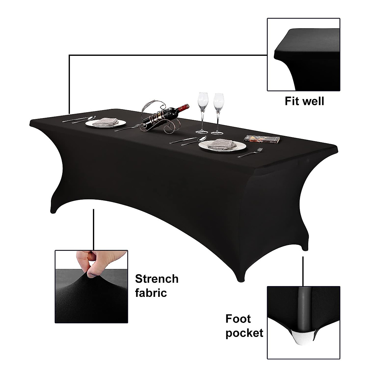 FORLIFE Spandex Table Covers 8ft，Fitted Tablecloth for 8ft Rectangular Tables, Stretch Patio Table Covers, Universal Spandex Table Cover for Wedding, Banquet, Party (8ft, Black)