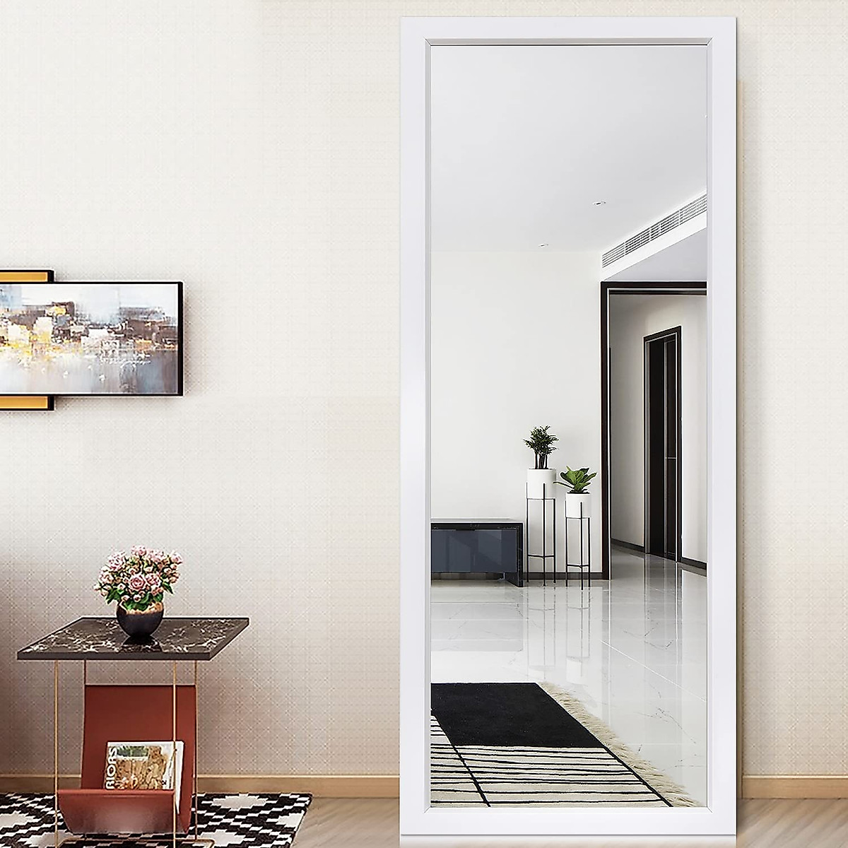 PexFix Door Mirror Full Length 51"x18" Over The Door Rectangle Sleek White Frame Space Saving Floor Mirror Dressing Hanging Wall Mounted Mirror (US-MHJ002-WH+USAM019)