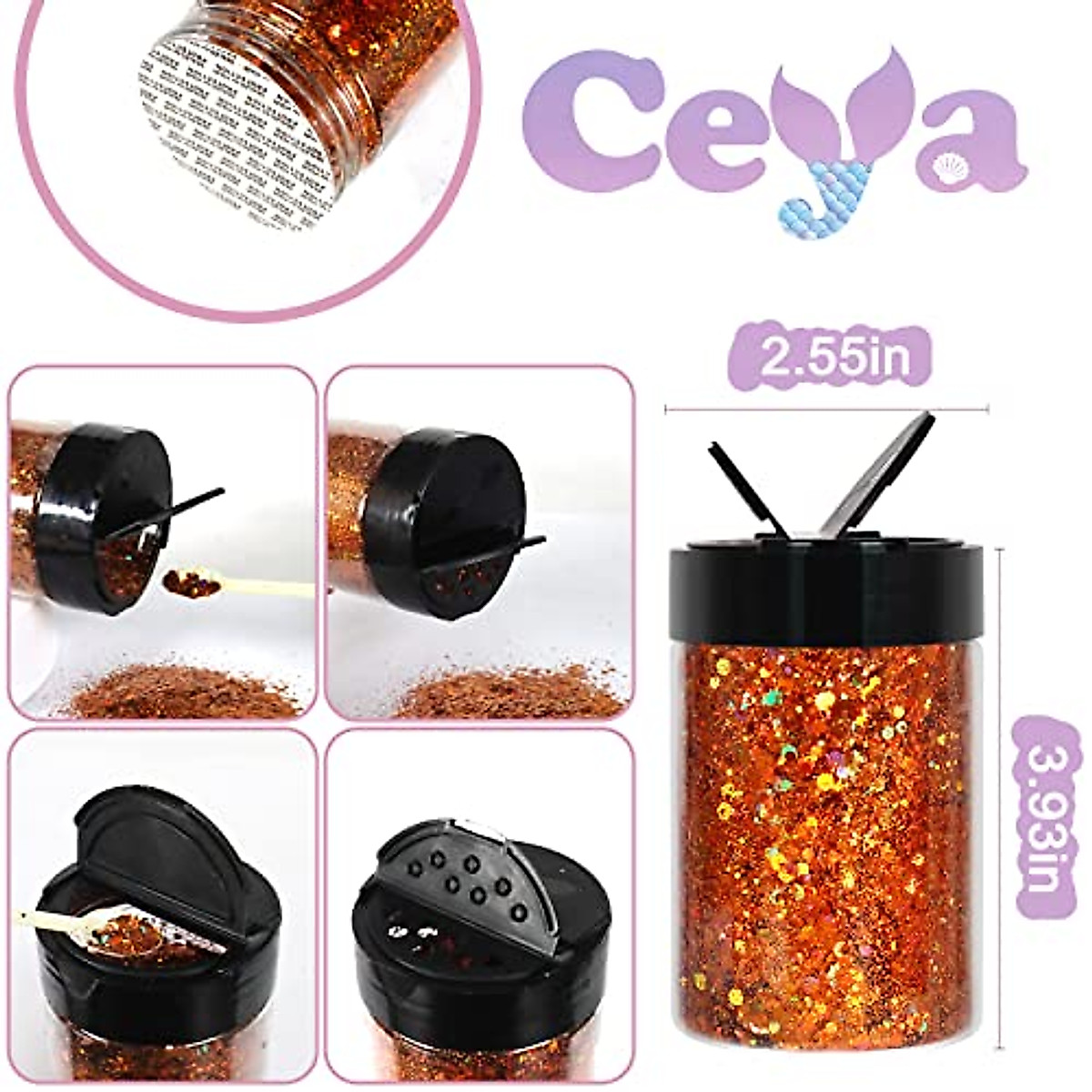Ceya Holographic Chunky Glitter, 4.9oz/ 140g Orange Craft Glitter Powder Mixed Chunky & Fine Flakes Iridescent Nail Sequins for Nail Art, Hair, Epoxy Resin, Tumblers, Slime, Painting, Festival Decor