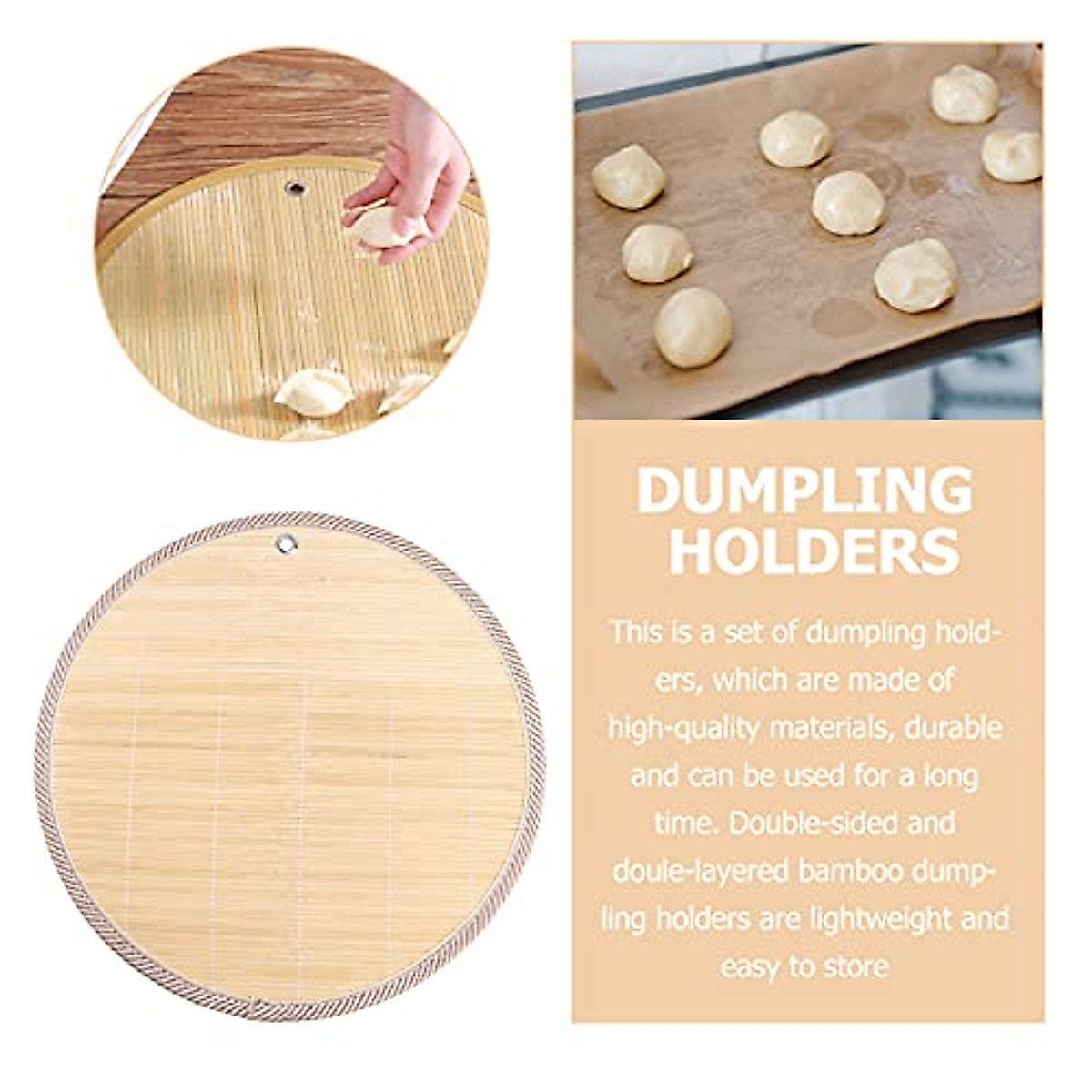 2Pcs Bamboo Dumpling mat Wood Serving Tray Round Dumpling Serving Platter Coffee Table Serving Tray Handmade Rattan Food Tray for Chinese Dumplings mat Kitchen Bamboo Steamer Liner (Khaki)