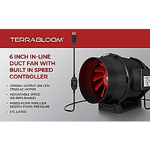 TerraBloom 6 Inch (150mm) Inline Fan - 395 CFM Exhaust Duct Fan, Built-In Speed Controller, ETL Listed, Pre-Wired 6 FT Grounded Cord - For Use In Grow Tents With Carbon Filters, Fixtures, Attics