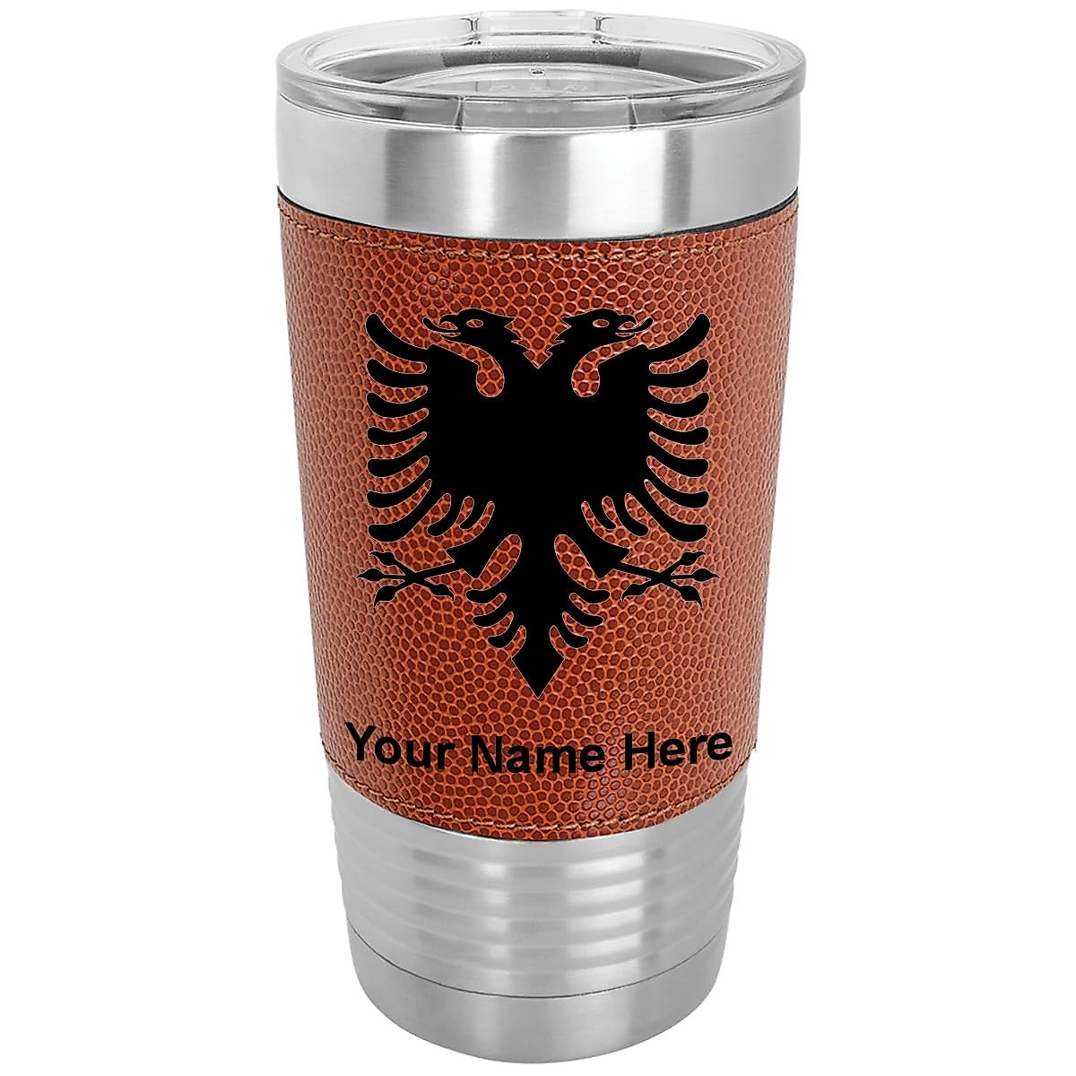LaserGram 20oz Vacuum Insulated Tumbler Mug, Flag of Albania, Personalized Engraving Included (Faux Leather, Basketball Style)