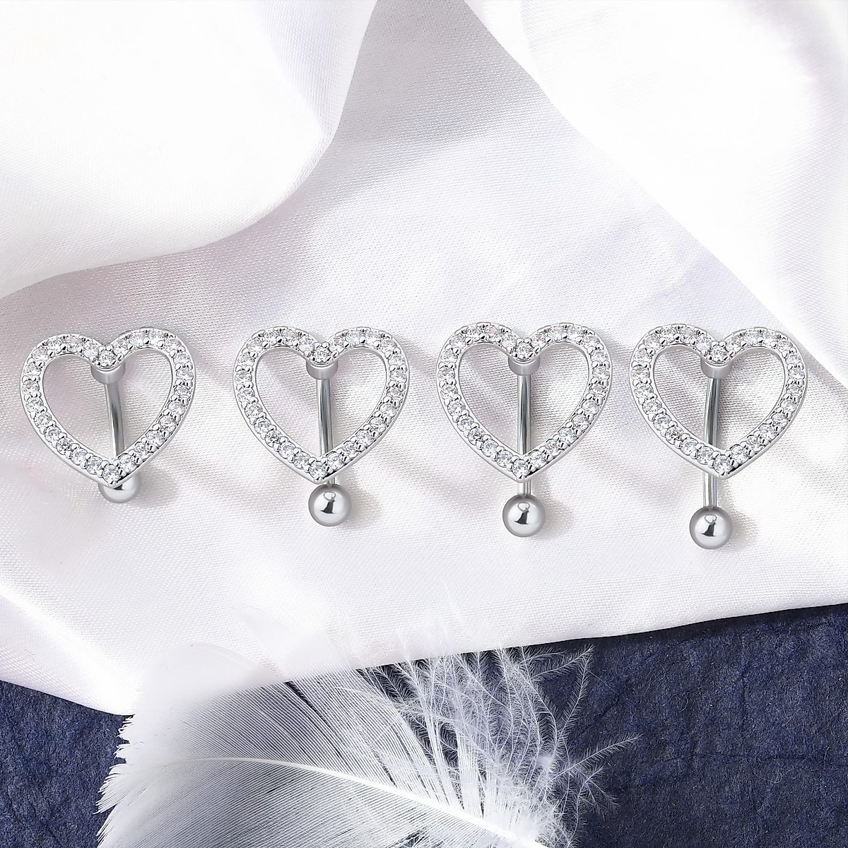 OUFER 16mm Belly Button Rings, Heart Reverse Navel Rings, Paved CZ Crystal Belly Piercing Jewelry, 14G Surgical Steel Curved Barbells for Women