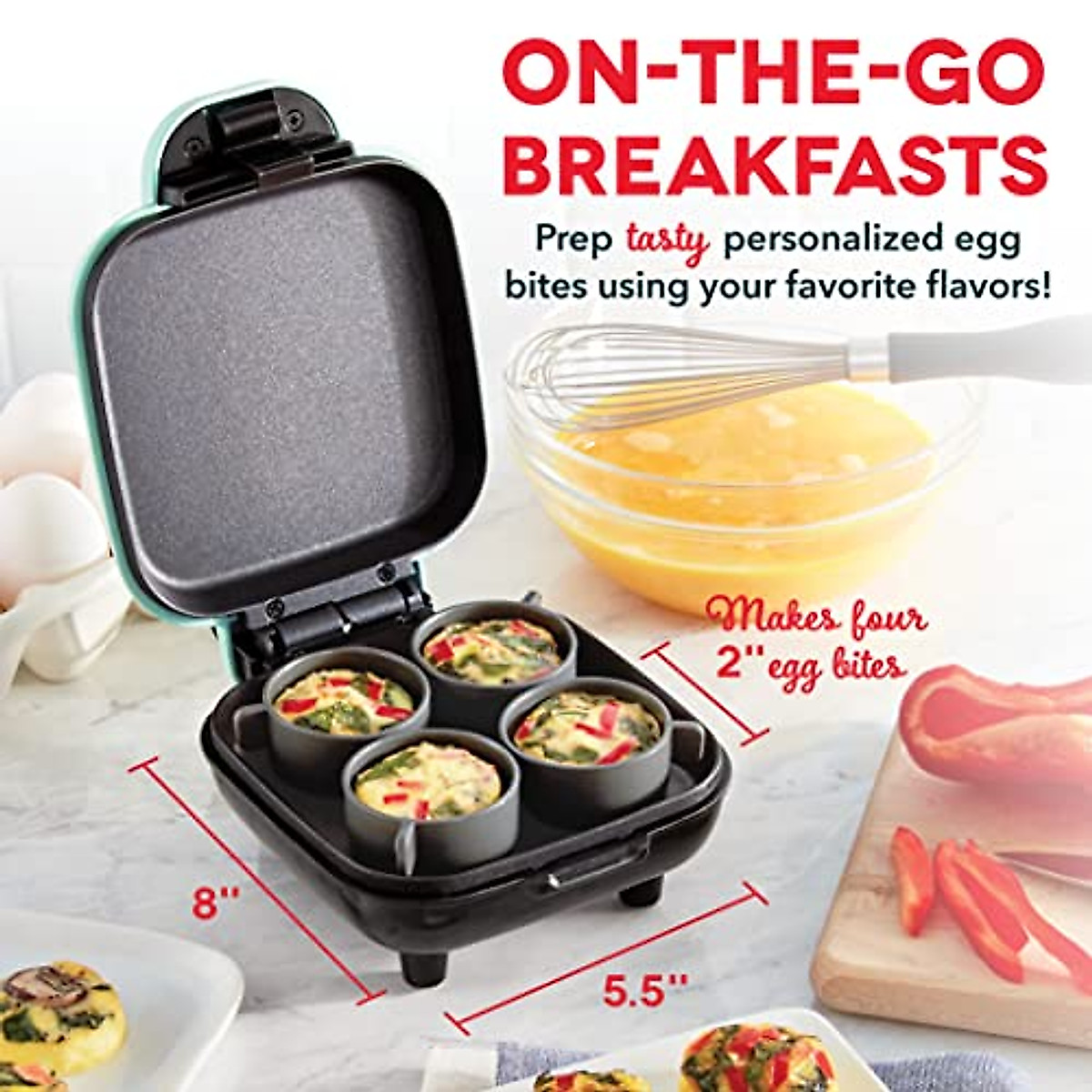 DASH Mini Maker Waffle Maker + Griddle, 2-Pack Griddle + Waffle Iron - Aqua & Deluxe Sous Vide Style Egg Bite Maker with Silicone Molds, Keto & Paleo Friendly, (1 large, 4 mini) - Aqua