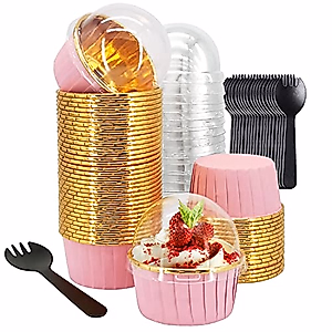 Cupcake Liners And Wrapers With Lids 50 Pack,LNYZQUS 5.5 Oz Large Foil Muffin Tins Or Liners,Disposable Baking Cups, Cupcake Wrappers Holders For Wedding Valentine-Pink in gold