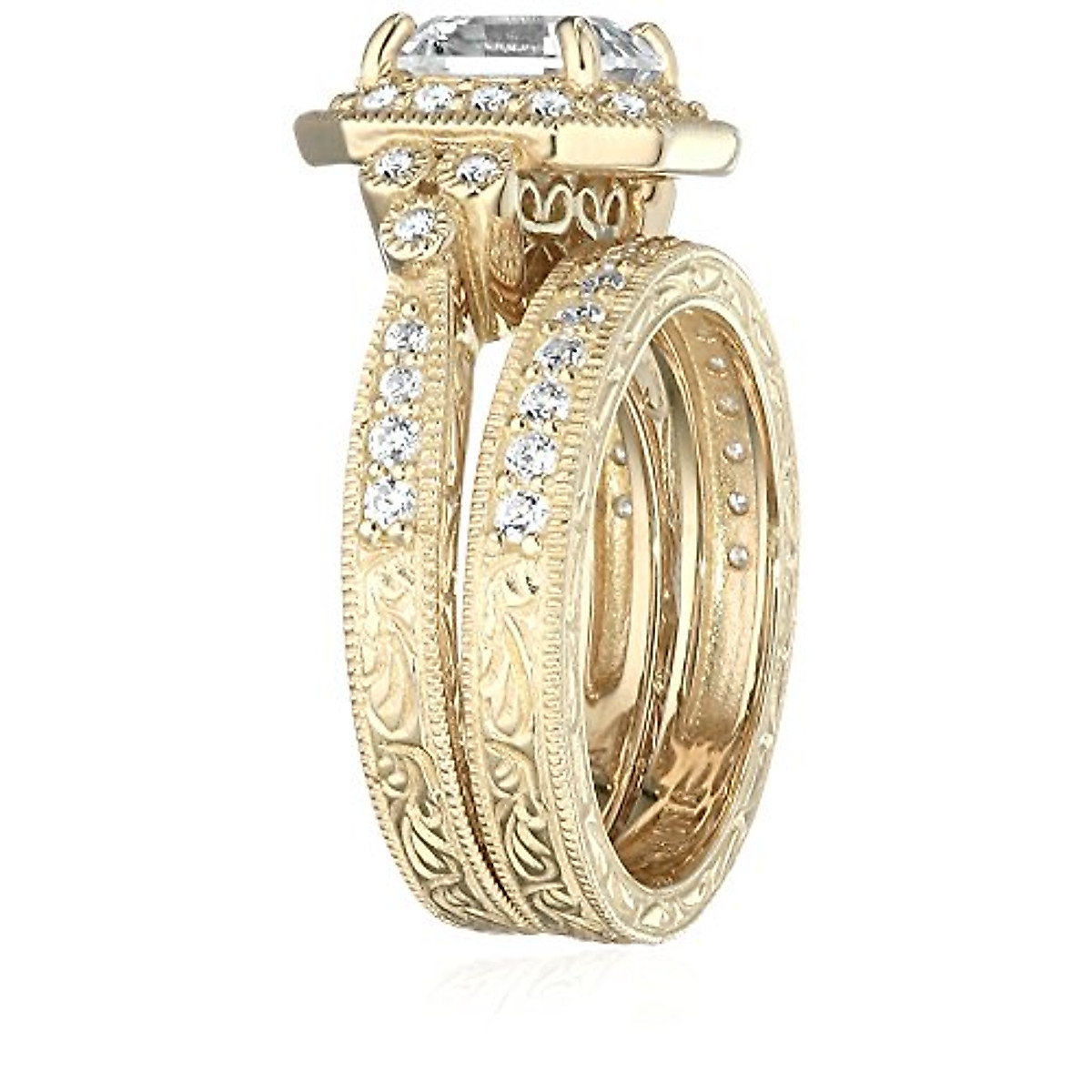 Amazon Essentials Yellow-Gold-Plated Sterling Silver Antique Ring set with Asscher-Cut Infinite Elements Cubic Zirconia, Size 9, (previously Amazon Collection)