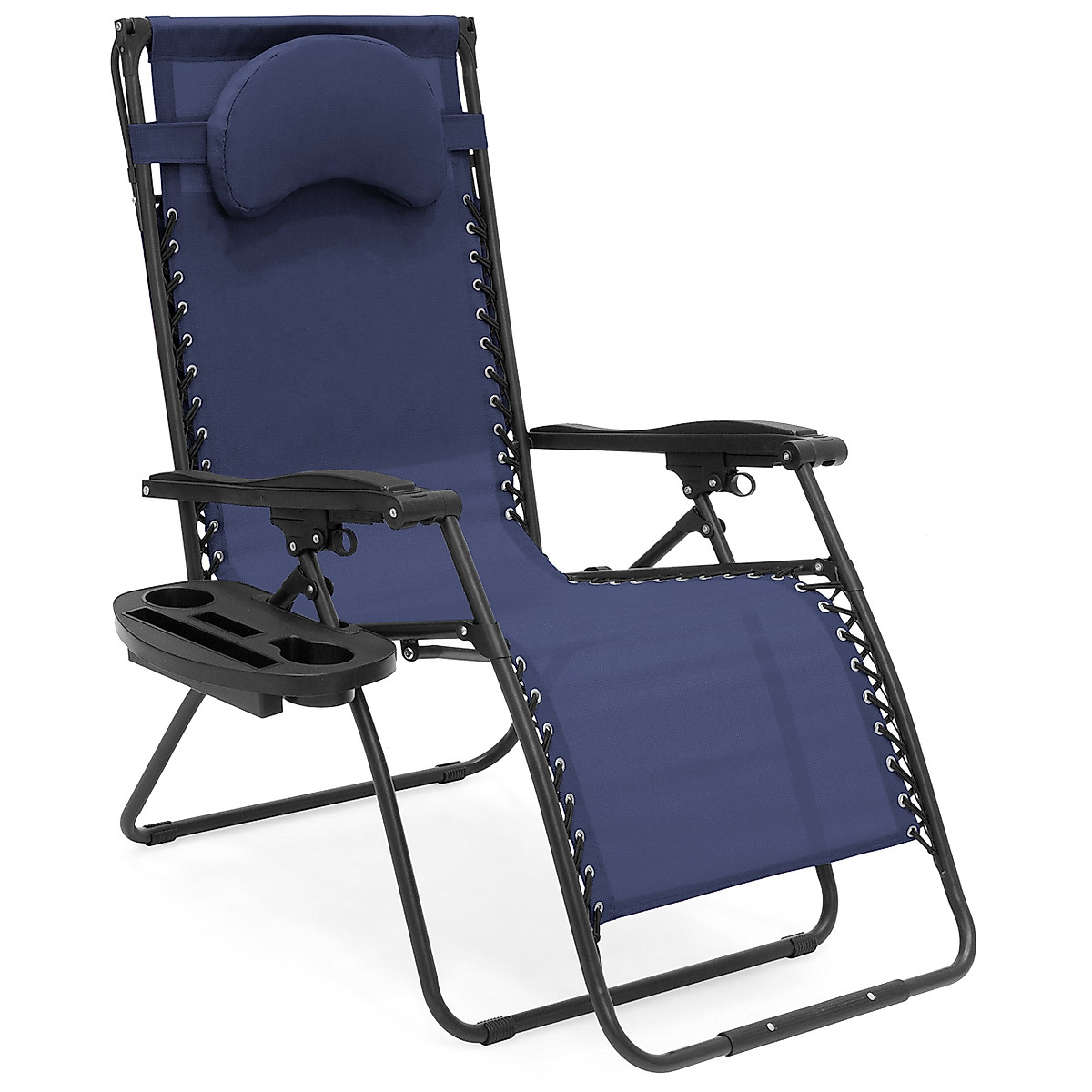 Best Choice Products Oversized Steel Mesh Zero Gravity Reclining Lounge Patio Chair w/Folding Canopy Shade and Cup Holder, Navy