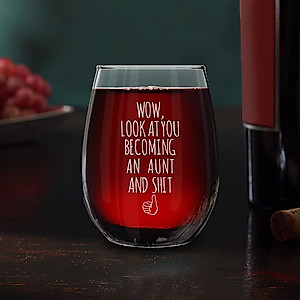 shop4ever® Wow, Look At You Becoming An Aunt Engraved Stemless Wine Glass Promoted to Aunt New Auntie (for Aunt)