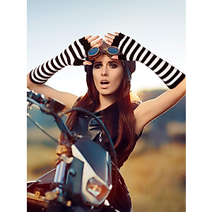 SATINIOR 4 Pairs Winter Long Fingerless Gloves Elbow Length Gloves Arm Warmer for Women (Black, Light Grey, Black White Stripe, Black Dark Grey Stripe, 11.8 Inch)