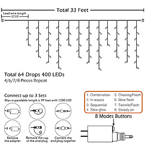 Christmas Icicle Lights Outdoor 33FT 400LED Outdoor Waterproof Holiday Decorations Lights with Remote Control, 8 Modes, Outside Christmas Lights for House, Porch, Eave, Garden Wall Decor (White)