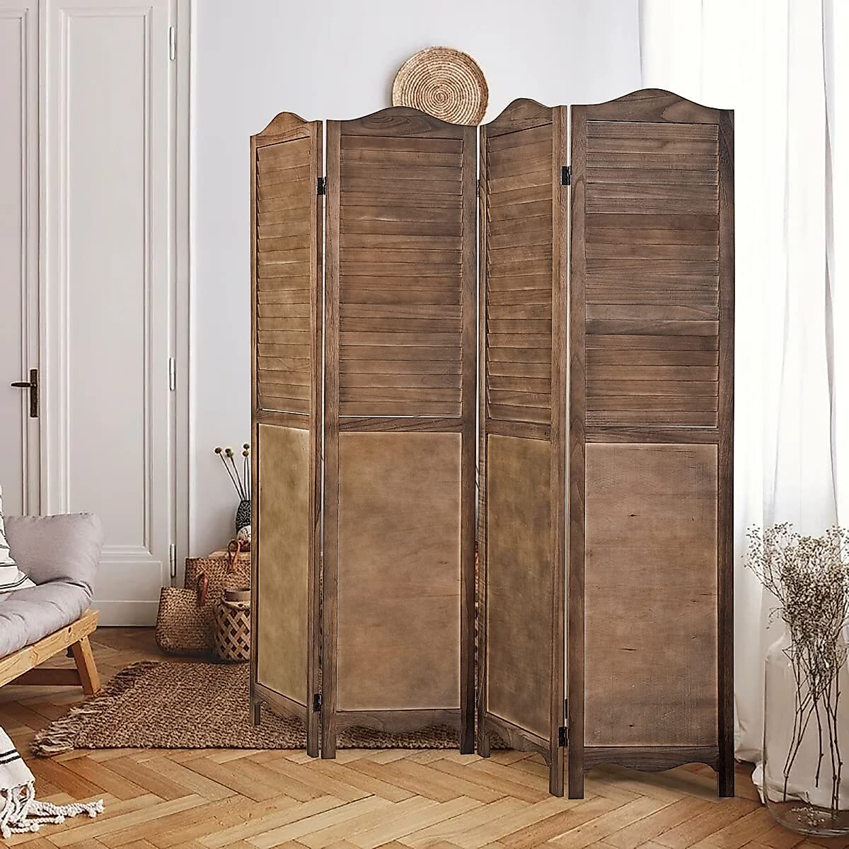 Room Divider Privacy Screen 4 Panel Room Dividers and Folding Privacy Screens 5.6ft.Tall Rustic Wood Brown Room Divider Wall Separator Partition Freestanding