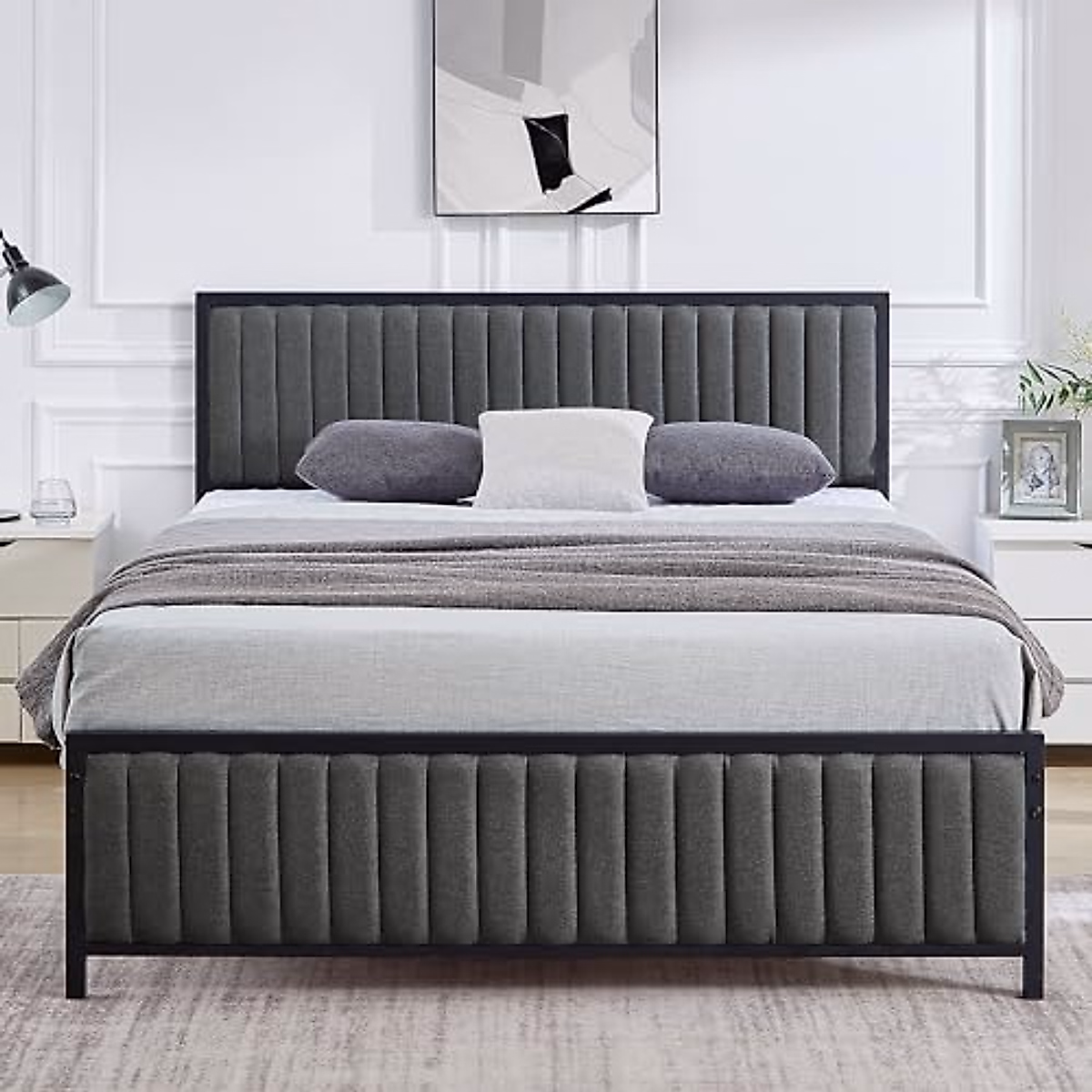 VECELO Queen Bed Frame with Upholstered Tufted Headboard & Footboard, Heavy Duty Steel Slats Platform, No Box Spring Needed, Grey