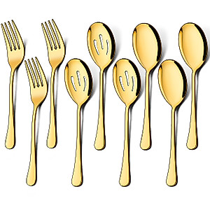 Homikit 3 Pieces Large Gold Serving Spoons, 3 Slotted Serving Spoons and 3 Serving Forks, Stainless Steel Serving Utensils Hostess Set for Catering Buffet, Dishwasher Safe