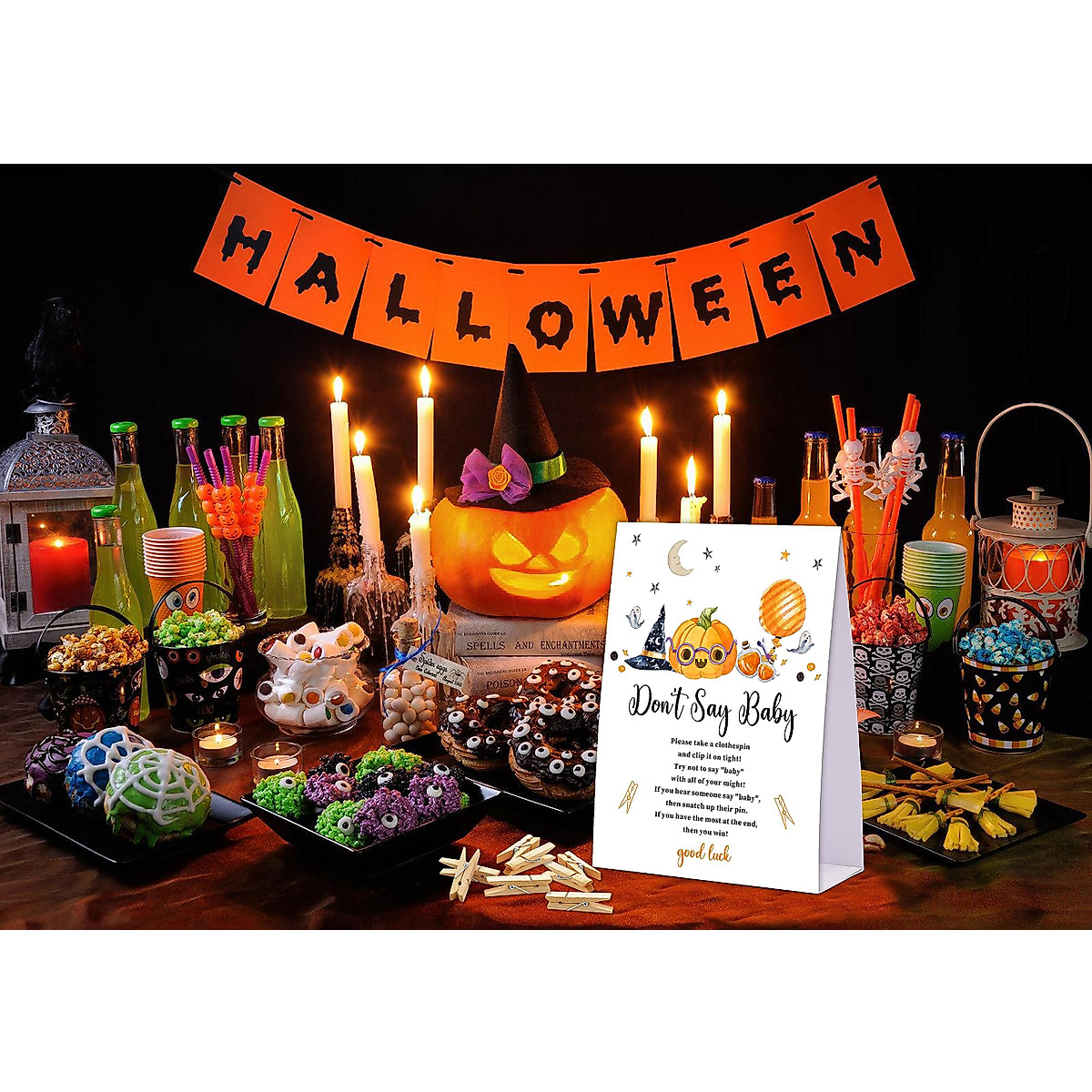 Don't Say Baby Clothespin Game, Halloween Baby Shower Game, One 5x7 Sign and 50 Mini Natural Clothespins, Gender Neutral, A Little Boo Baby Shower Decoration - MJZ57