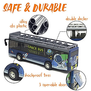 Crelloci Tour Double Decker Bus for Toddlers, Die Cast Alloy Play Vehicles with Sounds and Lights, City Cars Toys with Pull Back Action Openable Doors, for Boys Girls Kids (Navy Blue)