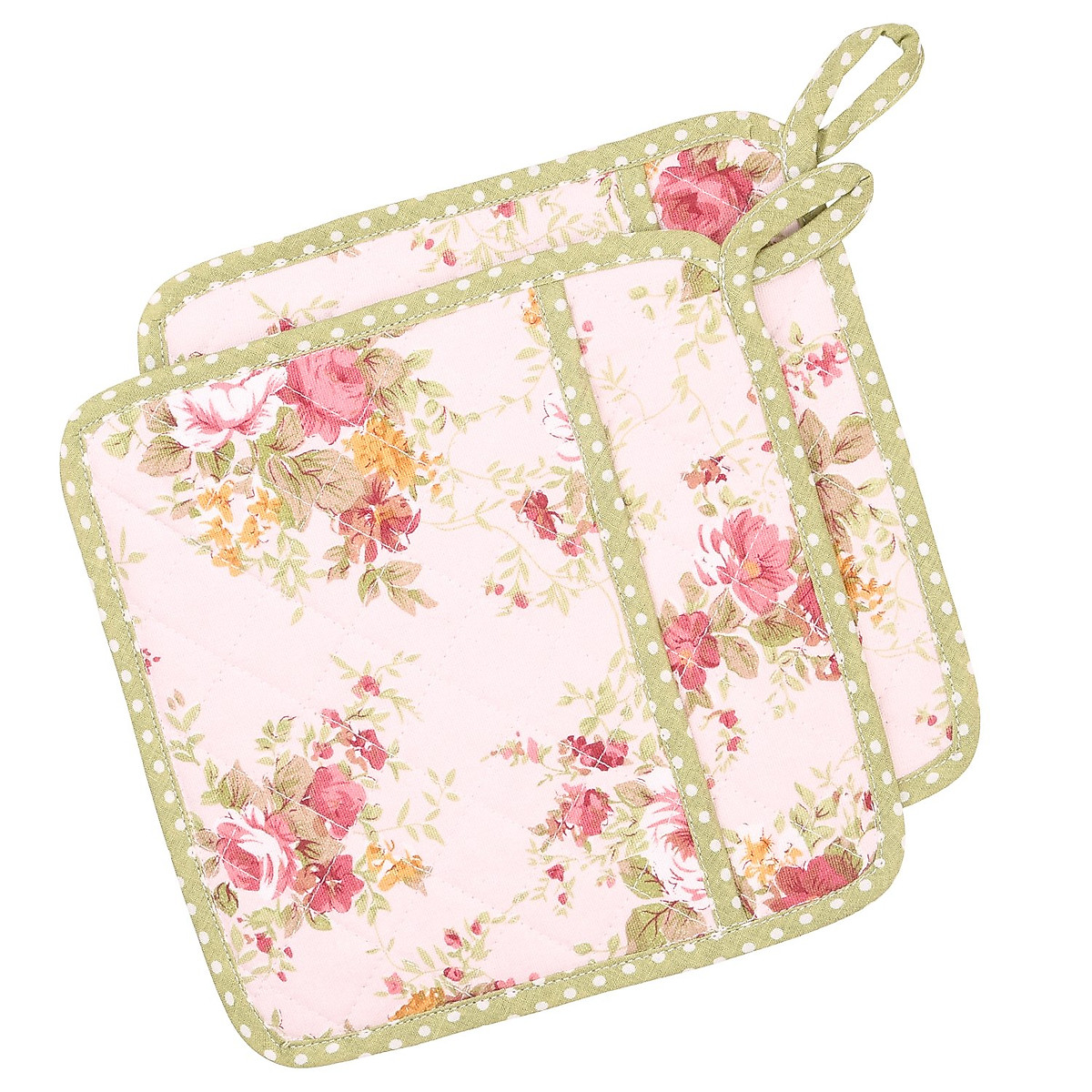 NEOVIVA Quilted Pot Holder Set of 2 for Daily Kitchen, Heat Resistant Hanging Pot Holder with Pocket for Easy Grip, Floral Quartz Pink