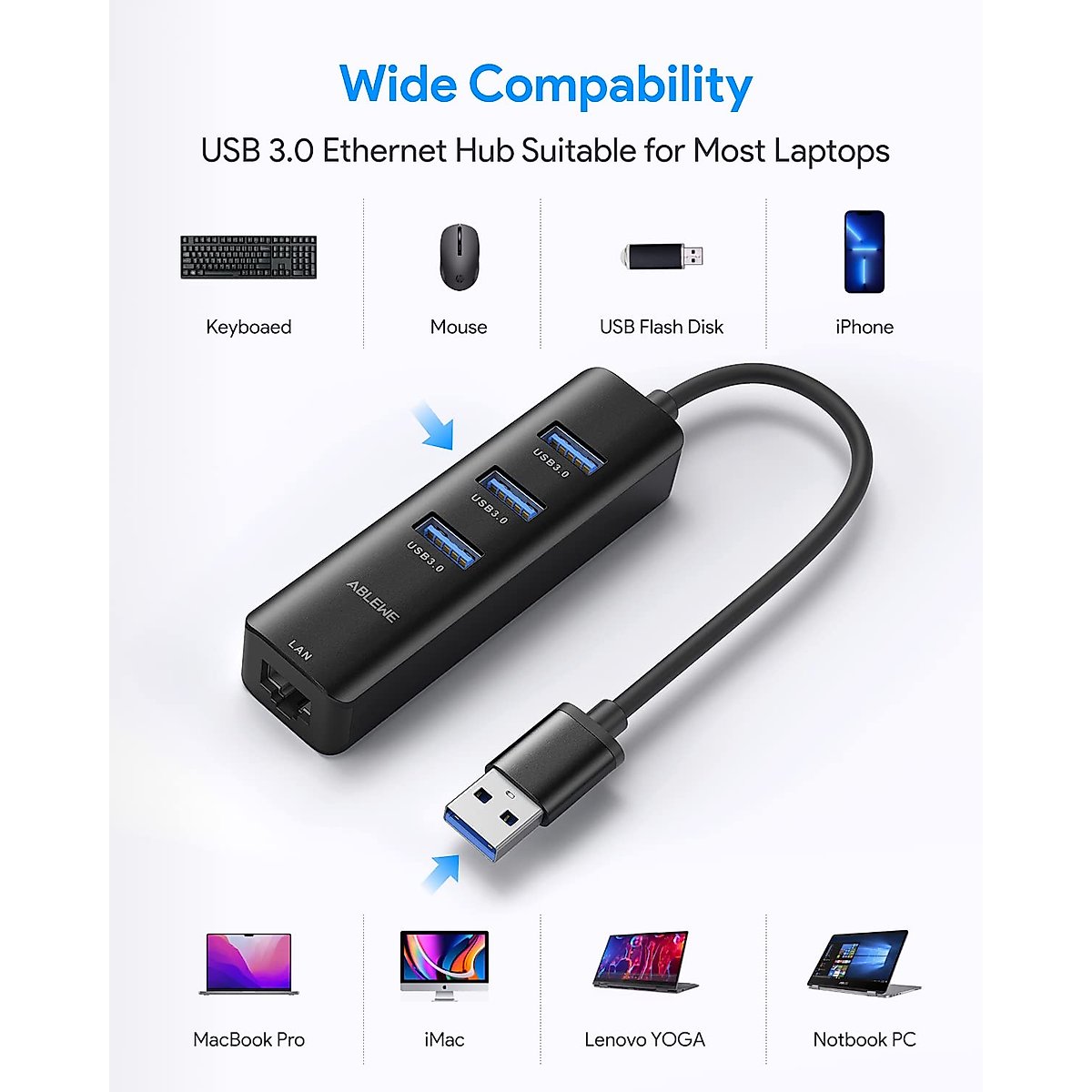 USB to Ethernet Adapter, ABLEWE 3 Ports USB 3.0 Hub with RJ45 1Gbps Gigabit Ethernet Adapter, for MacBook Air 2017, iMac, XPS, Surface Pro, Linux, Chromebook, Notebook and More - Black