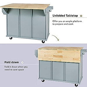 GLANZEND Kitchen Island with Drop-Leaf Countertop, Internal Storage Cabinet Racks, Rolling Kitchen Cart on 5 Wheels with Open Shelves and 3 Drawers, Spice Holder, for Dining Room, Grey Blue, 53.1"
