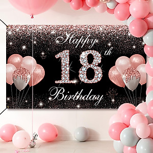 HTDZZI 18th Birthday Decorations for Girls, Happy 18th Birthday Backdrop Banner Rose Gold, 18 Year Old Birthday Party Yard Sign Photo Booth Props Background Decor Supplies for Women, Fabric
