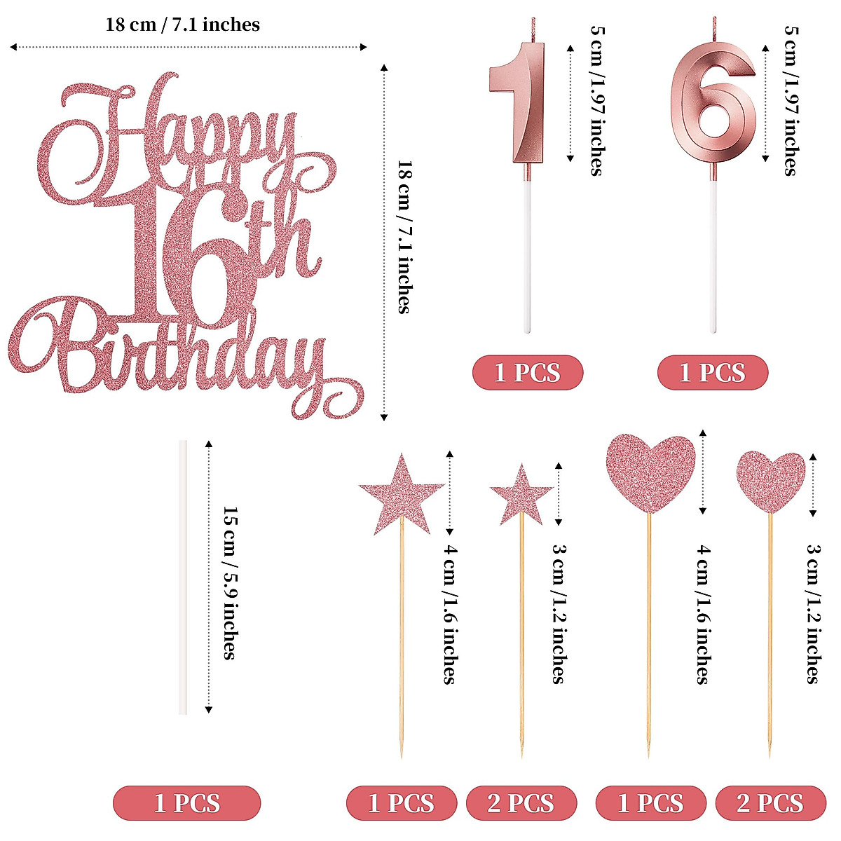 Lecferrarc 16th Birthday Cake Decorations, 16th Birthday Candles Cake Numeral Candles and Glitter Happy 16th Birthday Cake Toppers Set for Birthday Party Supplies (Rose Gold)