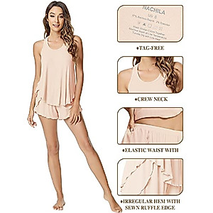 NACHILA Women's Pajamas Set Bamboo Ribbed Racerback Tank Top and Shorts Sleepwear Sleeveless Loose Fit Nightwear Pjs Pale Pink L