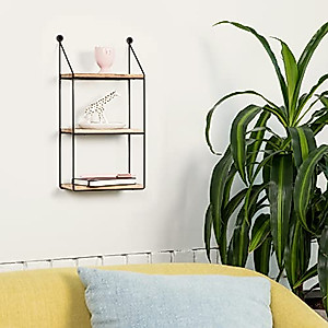 Greenco Geometric 3 Tier Mounted Floating Shelves, Home Decor, Metal Wire and Rustic Wood Wall Storage Shelves for Bedroom, Living Room, Bathroom, Kitchen, Office, Natural Finish