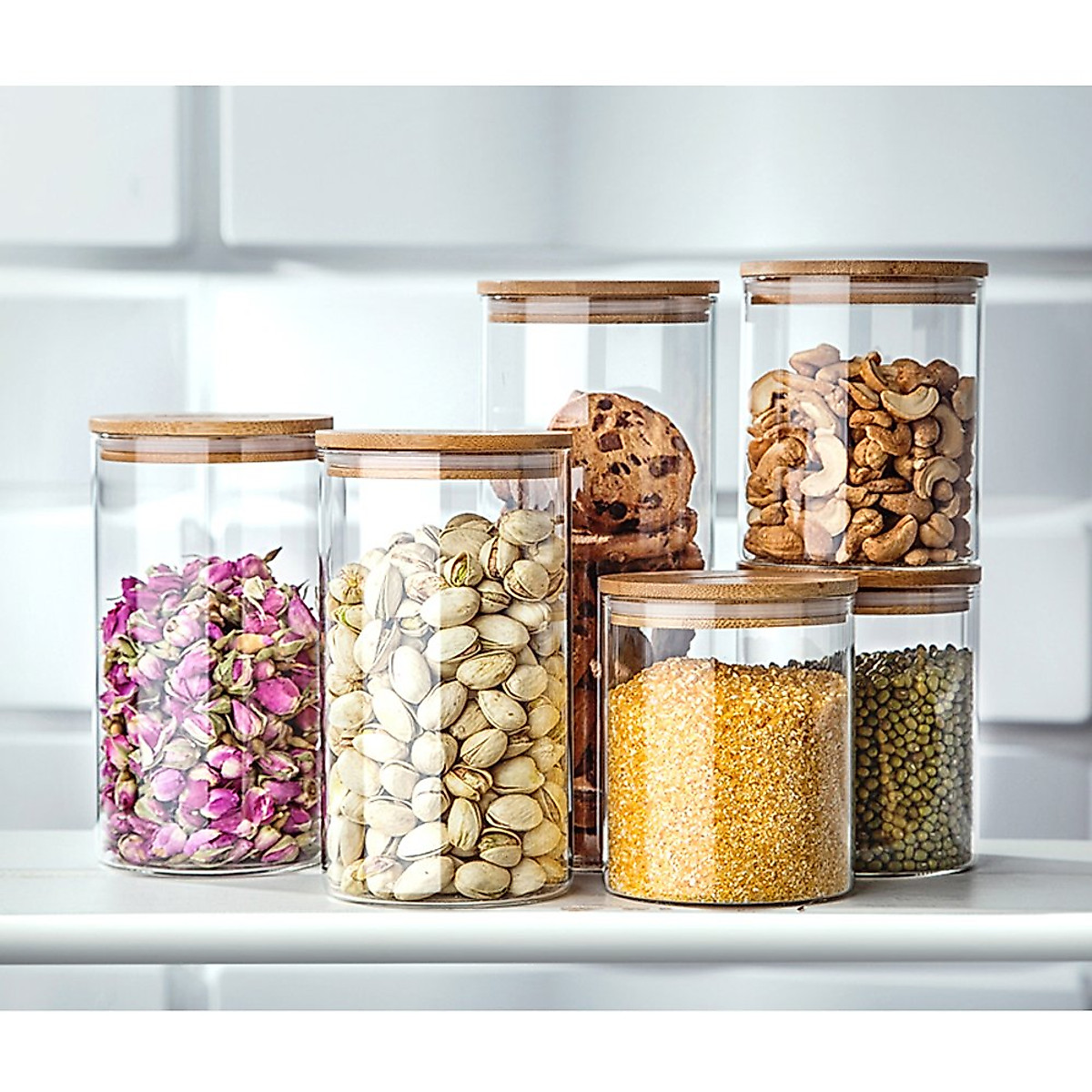 Newerlives Air Tight Storage Jar, Glass Storage Tank with a Natural Bamboo Lid, 450 ML, 650 ML, 950 ML (Bamboo, 450ML)