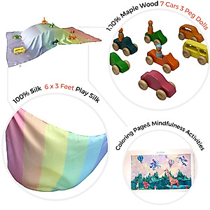Avery & Ruth Waldorf Toys Rainbow Car Set - 70” x 35” Silk Scarf for kids to play- 7 Handmade Wooden Car - 3 Peg Dolls - Montessori Rainbow Toy - 100% Silk