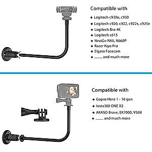 Wall Webcam Mount Arm, Ceiling Mounting Holder for Action Cameras, Articulated Arm Compatible with Gopro Hero, Logitech C920s C922X C920 C615 Brio 4K