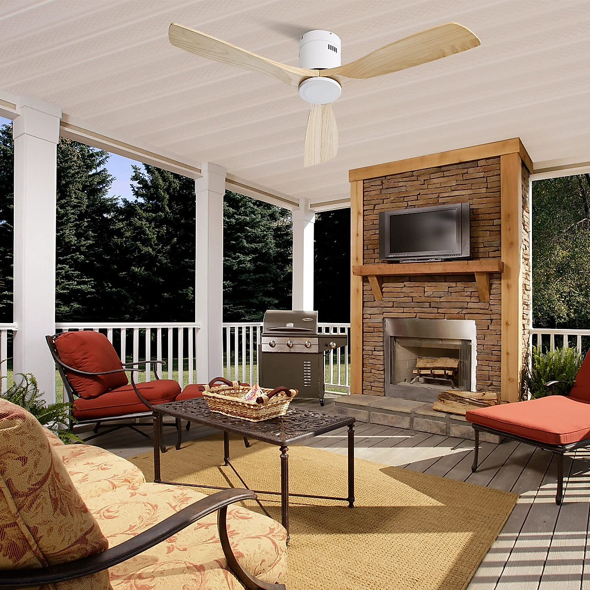 Sofucor 52 Inch Ceiling Fan Without Lights Flush Mount Ceiling Fan with Remote Control, Wood Blades Modern Outdoor Ceiling Fan No Light for Bedroom/Farmhouse/Patio/Indoor