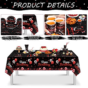 Capoda Birthday Party Supplies Happy Birthday Tableware Set Confetti Starry Tablecloth Plates Cups Napkins Dinnerware for Kids Adults Party Supplies Decor(Red and Black)