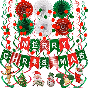 FECEDY Merry Christmas Banner Paper Fan Flower Circle Confetti Dots Hanging Garlandand Swirl Streamers Christmas Tree Christmas Snowman God Tang for Christmas Party Decoration