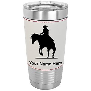 LaserGram 20oz Vacuum Insulated Tumbler Mug, Cowgirl Riding Horse, Personalized Engraving Included (Faux Leather, Baseball Style)