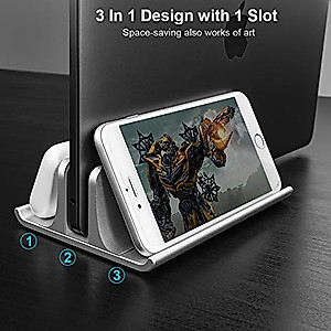 Vertical Laptop Stand Holder Adjustable Desktop Notebook Dock Space-Saving Three-in-one for All MacBook Pro Air, Mac,HP, Dell, Microsoft Surface,Lenovo, up to 17.3 inch Silver