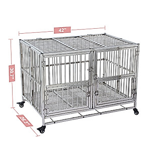 42" Heavy Duty Dog Crate Cage Kennel with Wheels, Full Stainless Steel High Anxiety Indestructible Dog Crate, Sturdy Locks Design, Double Door Small Door Design & Removable Tray Design (Silver)