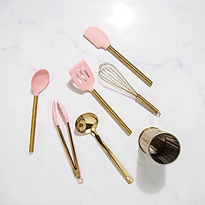 Paris Hilton Kitchen Set Tool Crock with Silicone Cooking Utensils, Stainless Steel Whisk and Ladle, 7-Piece, Pink and Gold