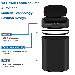 Bigacc 13 Gallon 50 Liter Kitchen Trash Can with Touch-Free & Motion Sensor, Automatic Stainless-Steel Garbage Can, Anti-Fingerprint Mute Designed Trash Bin-Black