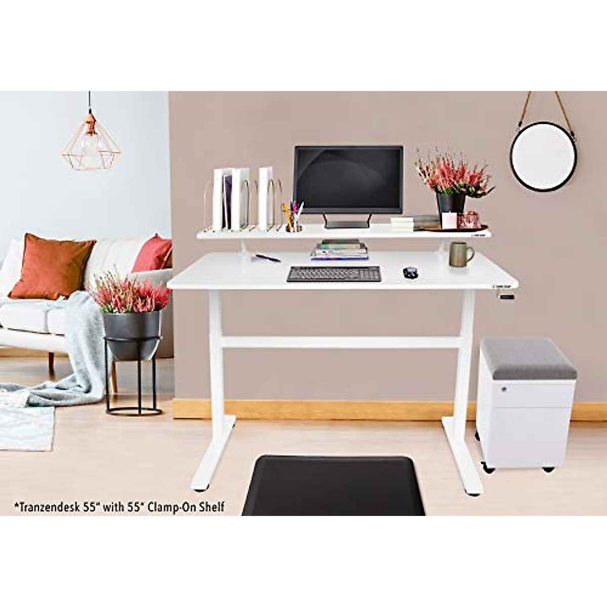Stand Steady Tranzendesk 55 Inch Standing Desk | Easy Crank Height Adjustable Sit to Stand Workstation | Modern Ergonomic Desk Supports 3 Monitors | Perfect for Home & Office (55"/ White)