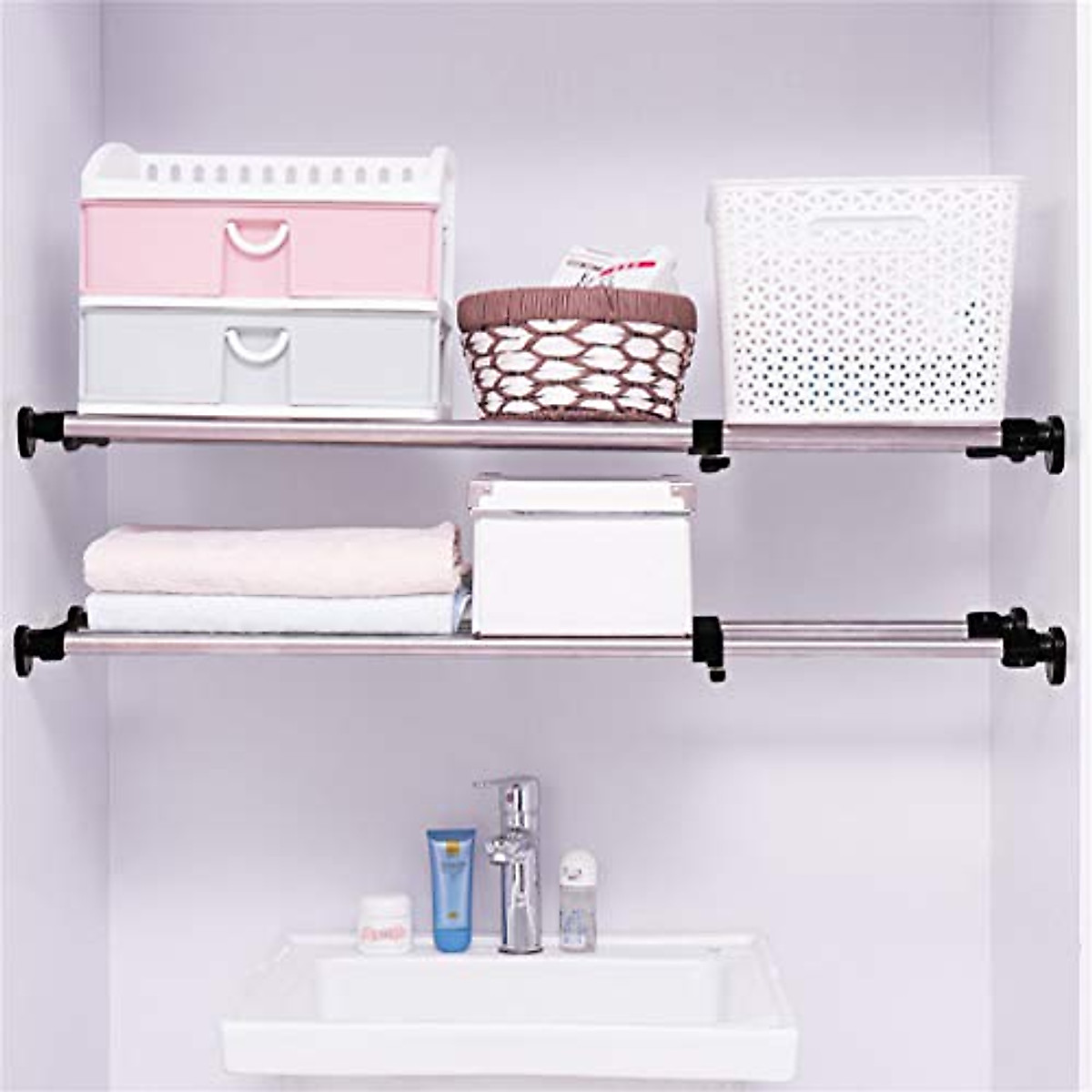 BAOYOUNI Expandable Shelf Closet Tension Rod Adjustable Shelving Unit Storage Rack Organizer Hanger Space Saving Divider for Wardrobe, Cupboard, Kitchen, Bathroom Use, Black