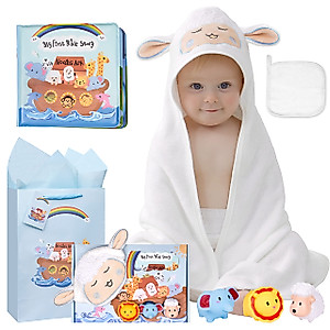 My First Noahs Ark 7 pcs Baptism Gift Set, Dedication, Christening and Baptism Gifts for Boys and Newborn Baby, Includes Washcloth and Hooded Towel, Baby Bath Book, 3 Bath Toys and Gift Bag