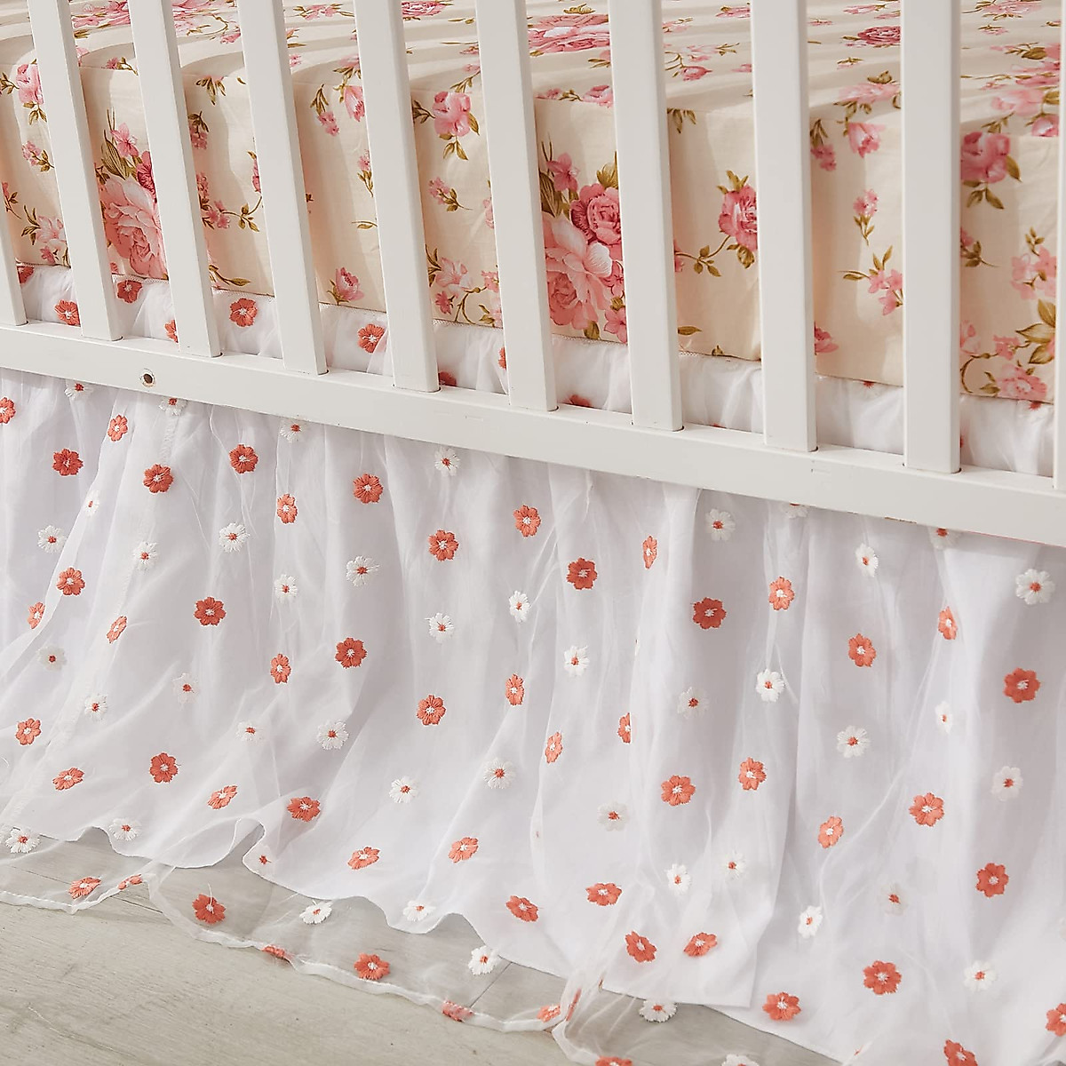 Brandream Crib Bedding Sets for Girls Baby Nursery Bedding Set Crib Comforter Set 100% Cotton - 6Pcs, Beige Farmhouse Country Flower Botanical Blossom Style Lace Crib Bed Skirt Set