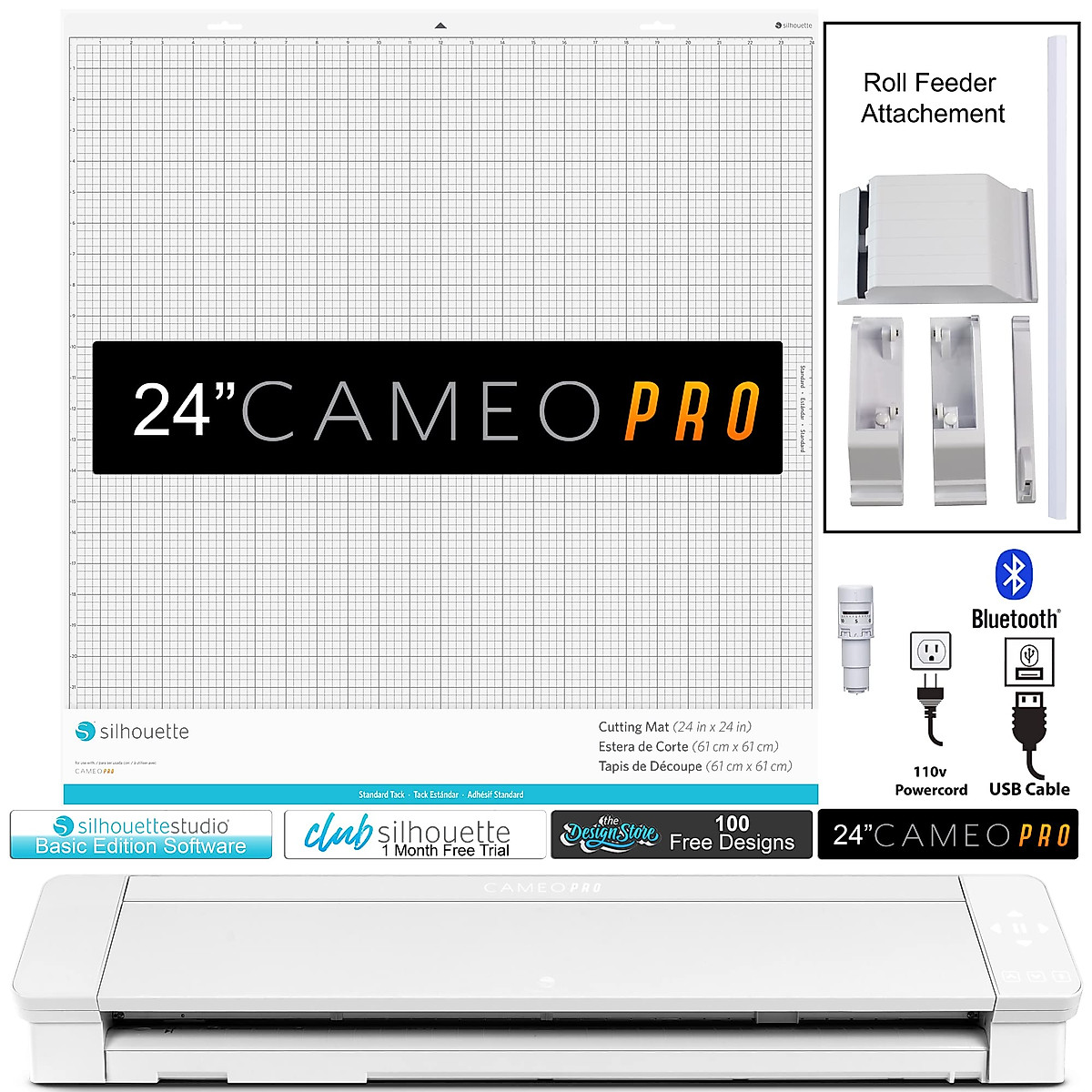 Silhouette Cameo 4 Pro Bundle with 4 Mats, 2 Autoblades, Deluxe Vinyl Tool Kit, and Guide to Silhouette 101 with Bonus Designs