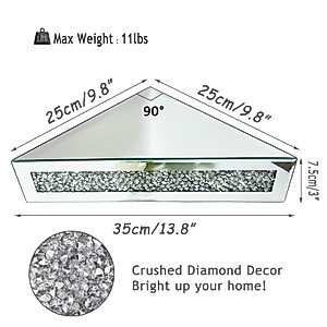 HMRCYTE Glass Mirror Floating Shelves, 9.8" L x 9.8" W x 3" H Wall Mounted Mirror Corner Shelves, Silver Crystal Floating Shelves, Crushed Diamond Home Decor, Display Shelf for Living Room, Set of 2